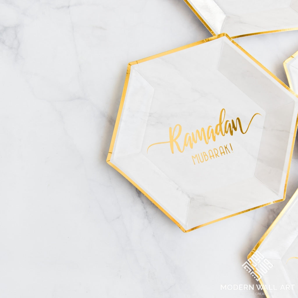 Hexagon Marble 'Ramadan Mubarak' Dinner Paper Plates (Set of 12 ...